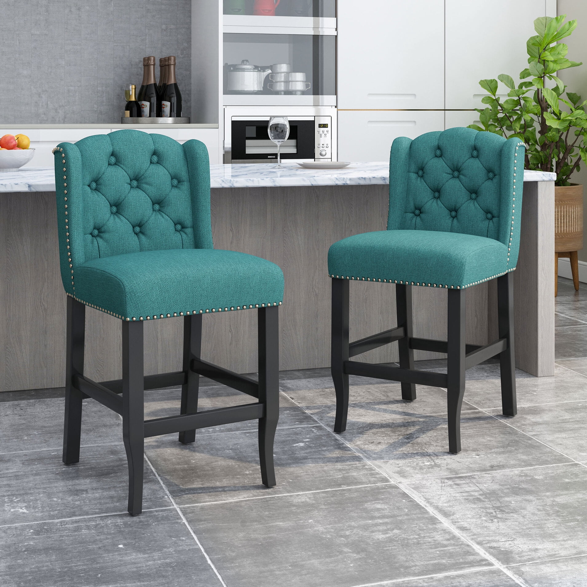 Counter Height Bar Stools Set of 2, 27 Inch Contemporary Fabric Tufted ...