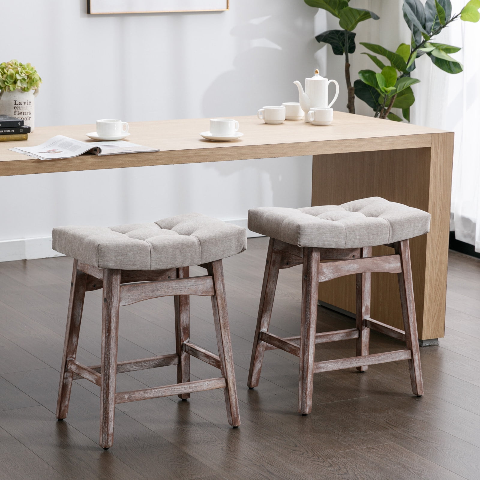 Counter Height Bar Stools Set of 2 for Kitchen Counter Solid Wood Legs ...