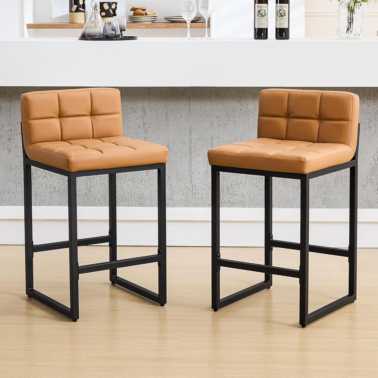 Counter Height Bar Stools Set of 2, Modern Faux Leather Counter Stools ...
