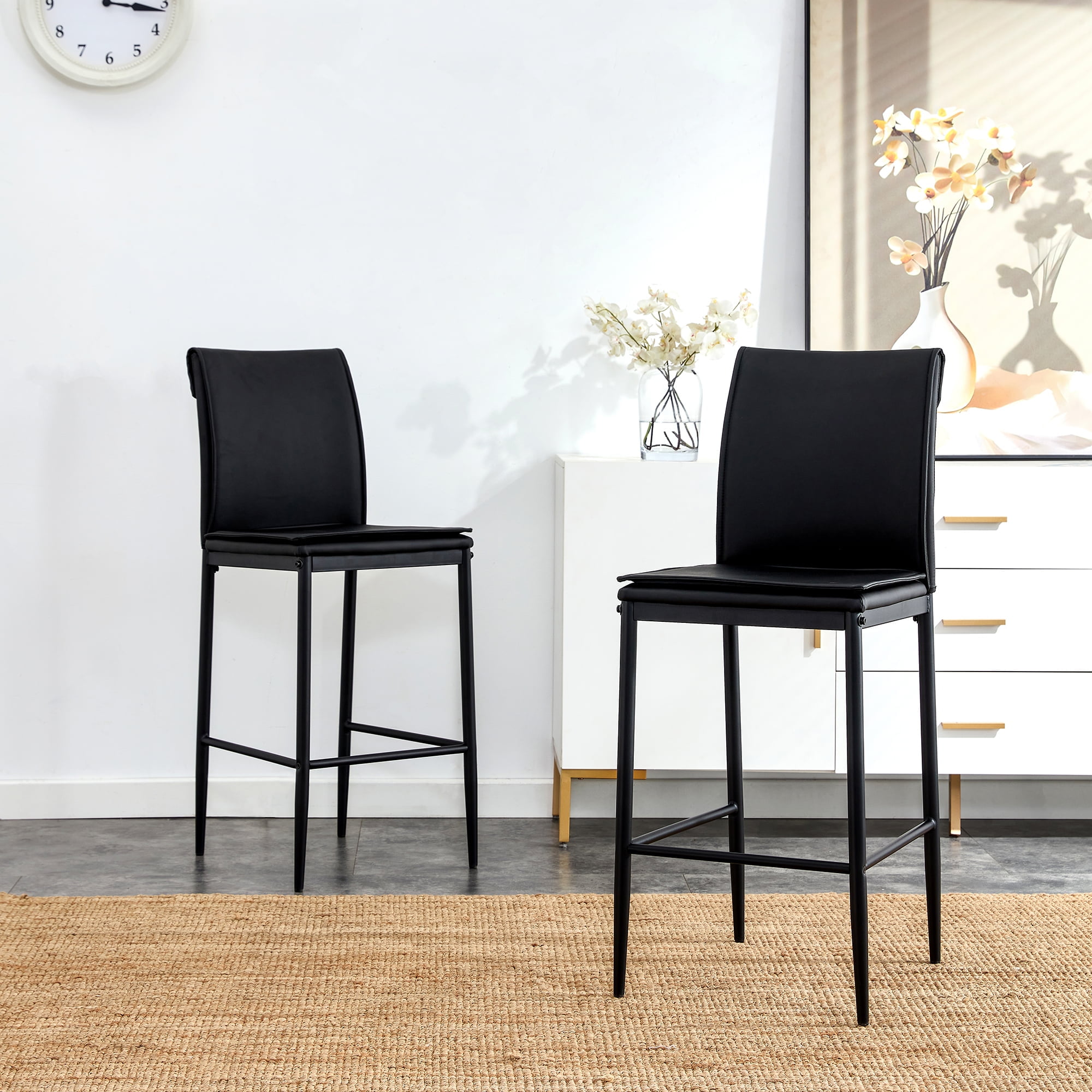 Counter Height Bar Stools Set of 2, Modern Faux Leather Upholstered Bar ...