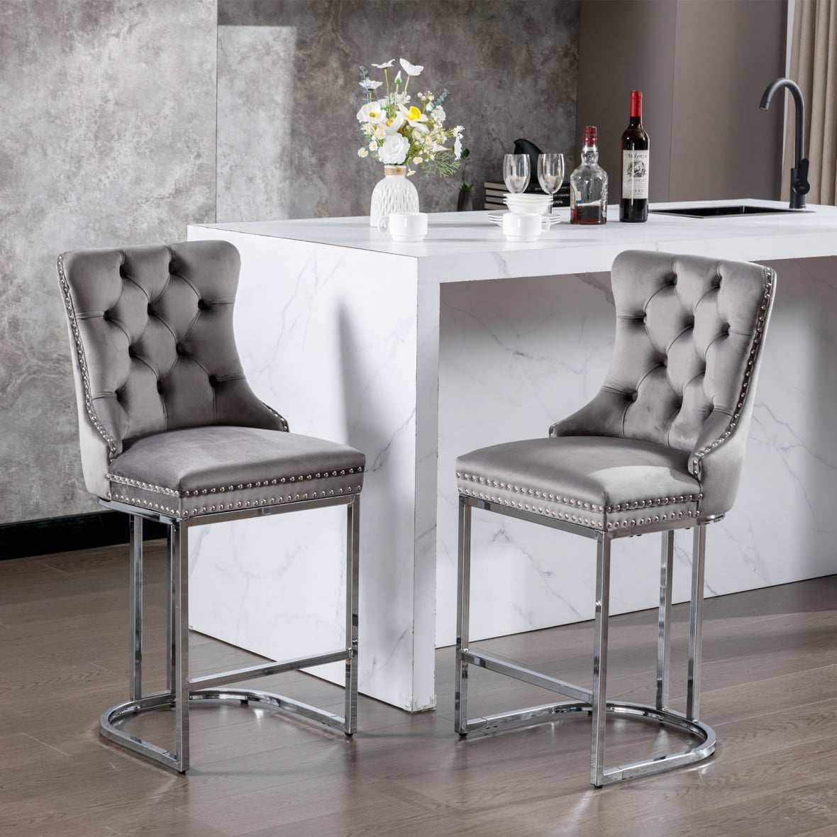 Counter Height Bar Stools Set of 2, Modern Velvet Bar Stools, Modern ...