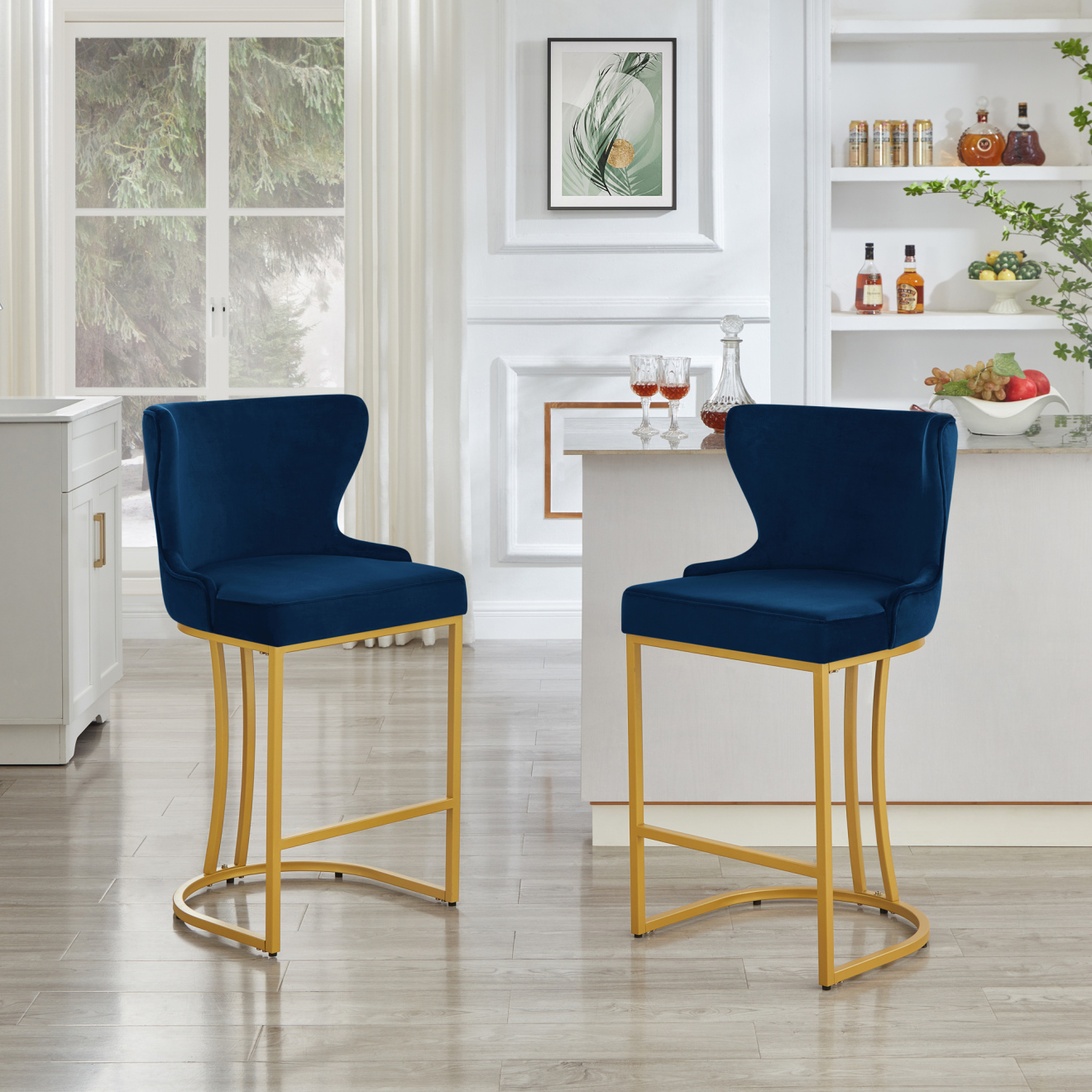 Counter Height Bar Stools Set of 2, Modern Velvet Fabric Upholstered ...