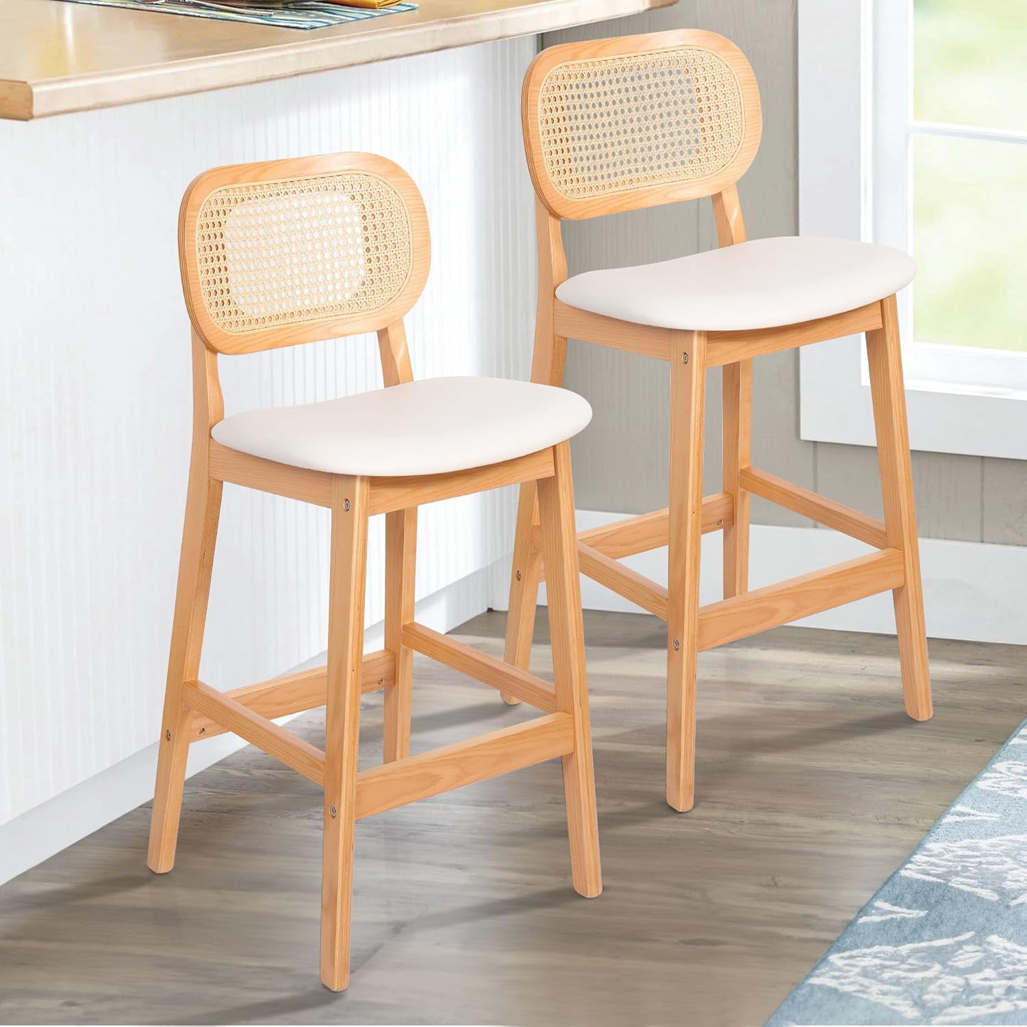 Counter Height Bar Stools Set of 2, Rattan Barstools with Back and ...