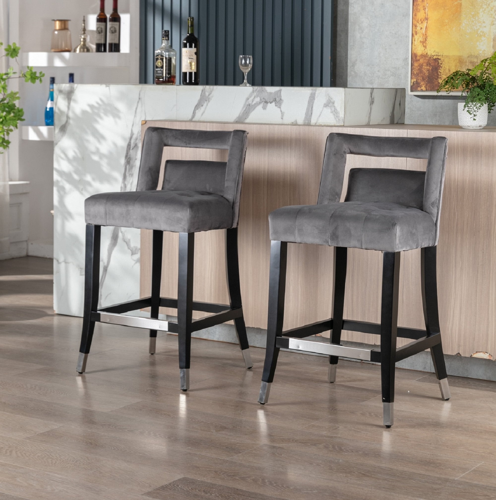 Counter Height Bar Stools Set of 2, Suede Velvet Upholstered Barstools ...
