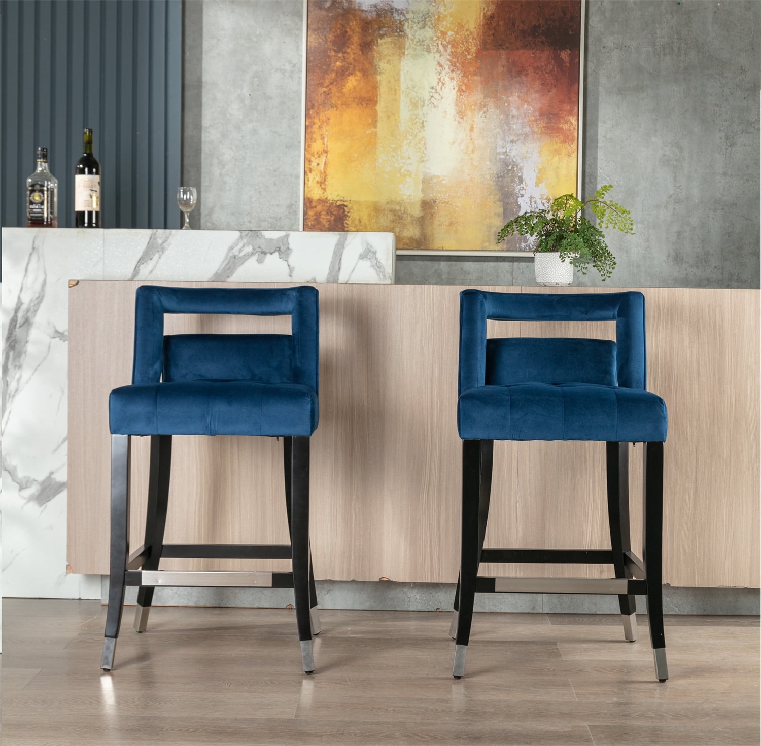 Counter Height Bar Stools Set of 2, Suede Velvet Upholstered Barstools ...