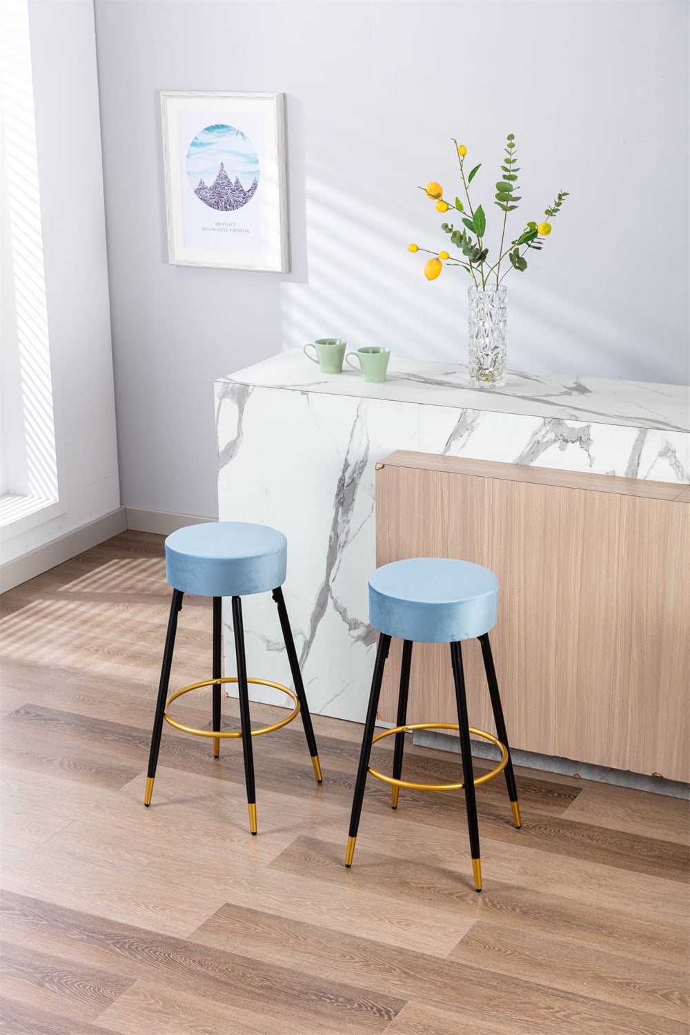 Counter Height Bar Stools Set of 2, Velvet Kitchen Stools, Round ...