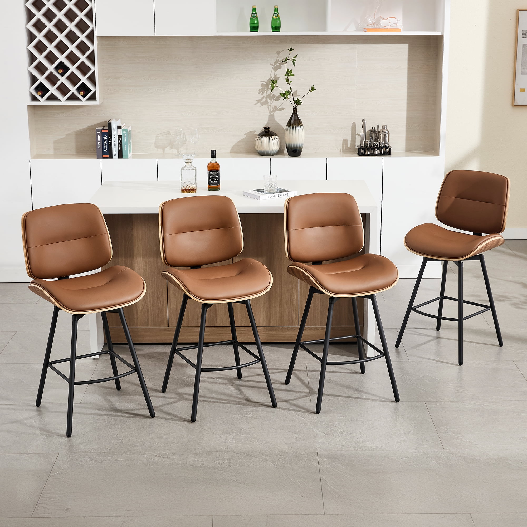 Counter Height Bar Stools Set of 4, 26" Swivel PU Leather Upholstered ...