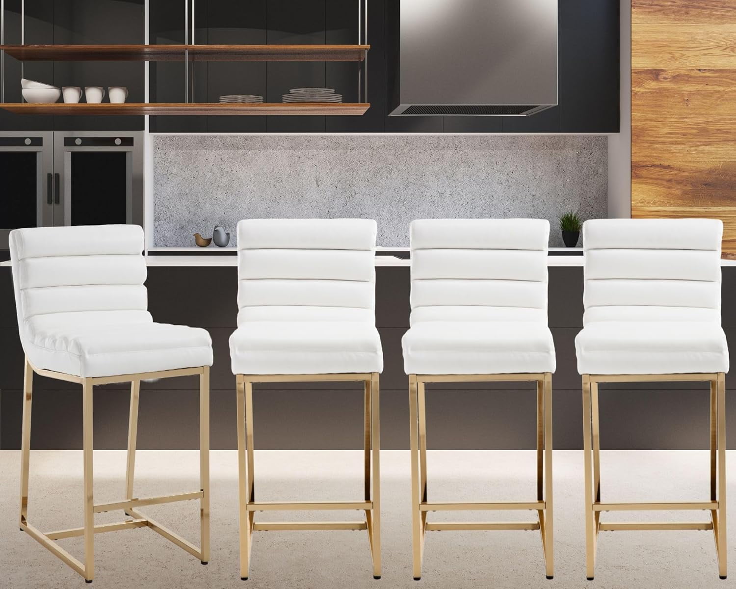 Counter Height Bar Stools Set of 4 with Back Modern Beige PU Leather ...