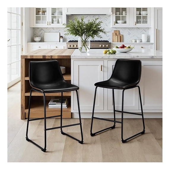Counter Height Bar Stools Set of 2, 26 Inch Leather Barstools with Back ...
