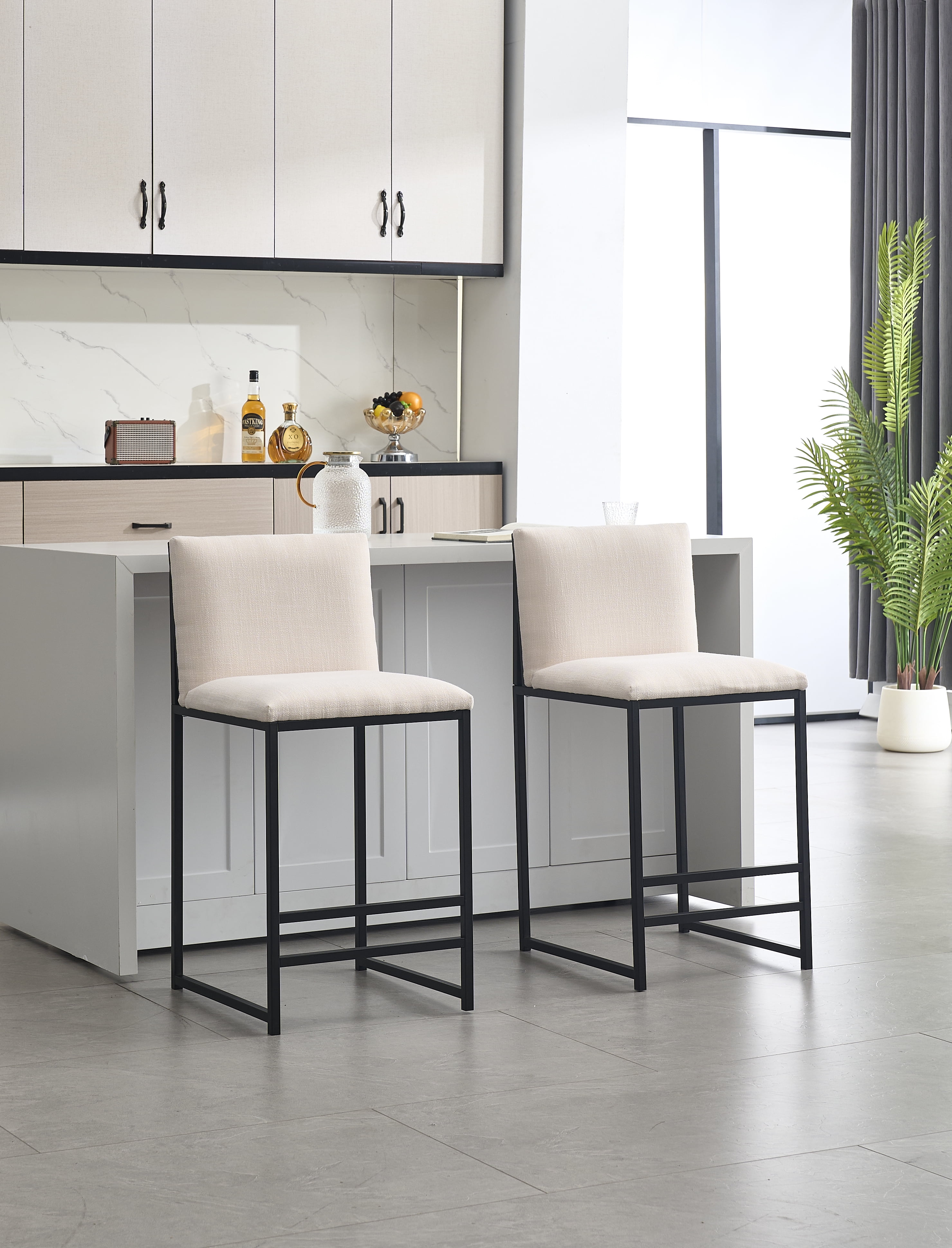 Counter Height Bar Stools Set of 2, Upholstered Linen Bar Chairs, Metal ...