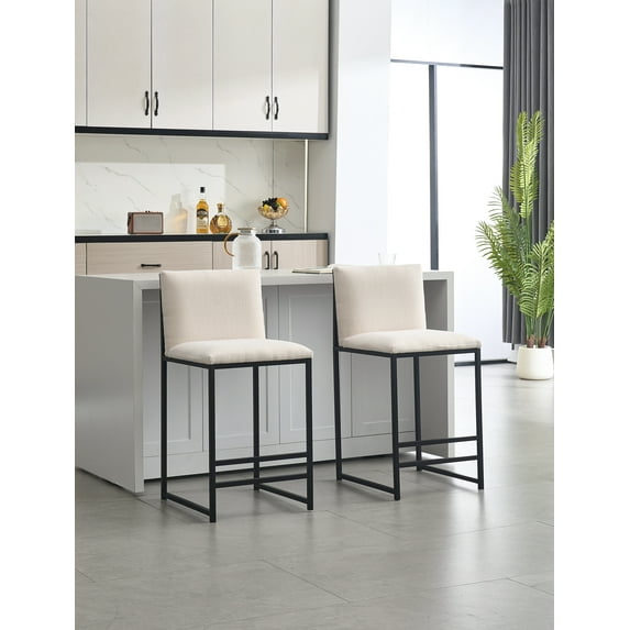 Counter Height Bar Stools Set of 2, Upholstered Linen Bar Chairs, Metal ...