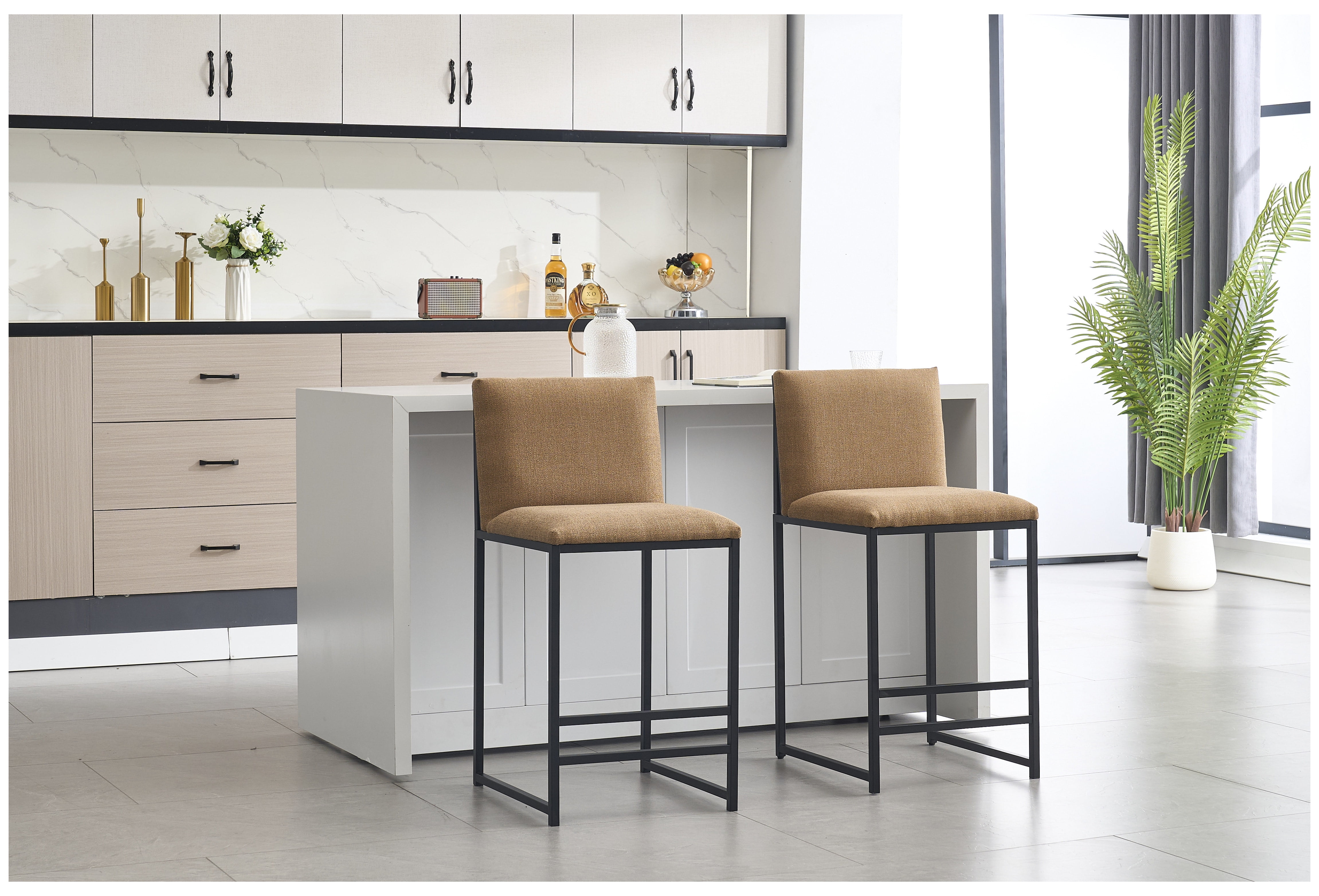 Counter Height Bar Stools Set of 2, Upholstered Linen Chairs - Metal ...