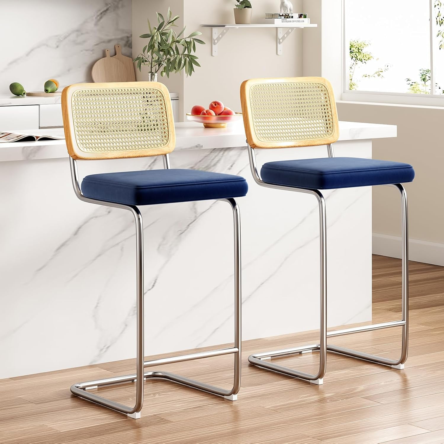 Counter Height Bar Stools Set of 2 Upholstered Velvet Barstools with ...