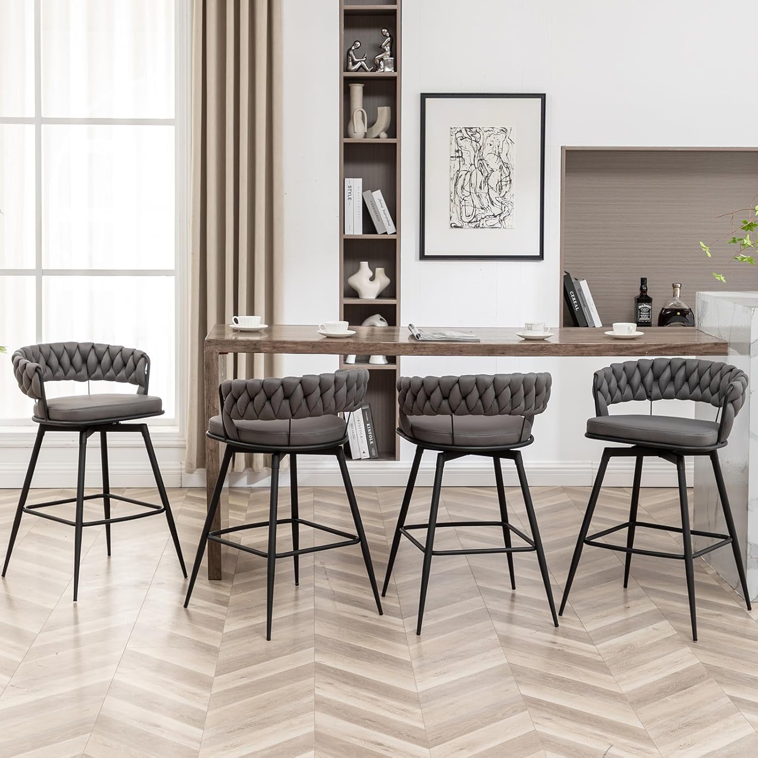 Counter Height Bar Stools Set of 4, Swivel Barstools with Curved Back ...