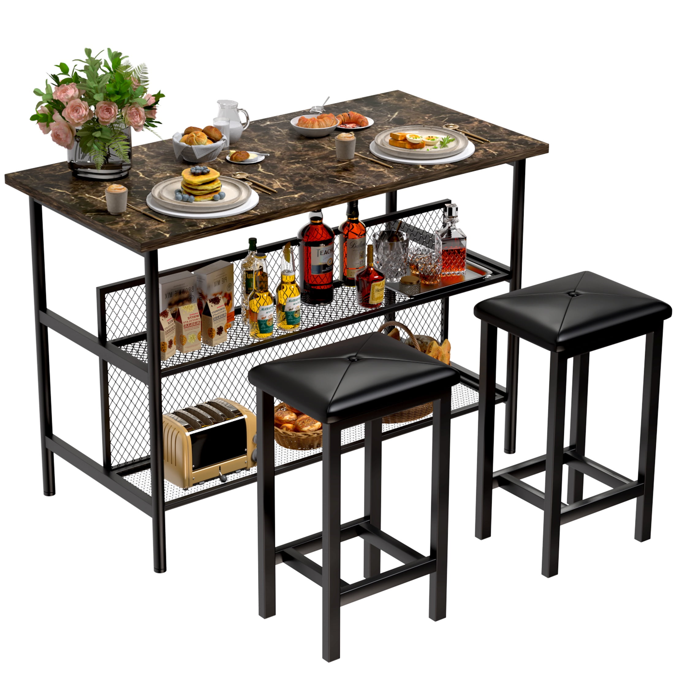 3-Piece Dining Set, Counter Height Bar Table with 2 Stools, Faux Marble ...