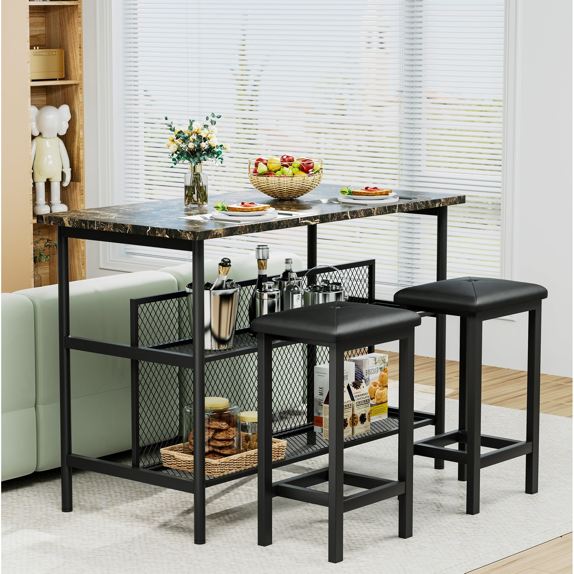 Seizeen 3-Pc Dining Table Set, Counter Height Bar Table, 2 Stools, Faux ...