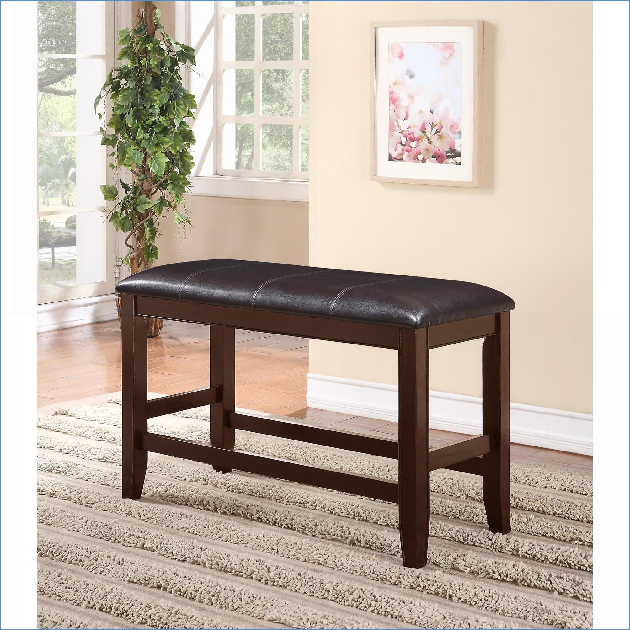 Counter Height Bench, Farmhouse Dark Brown Faux Leather Seat with ...