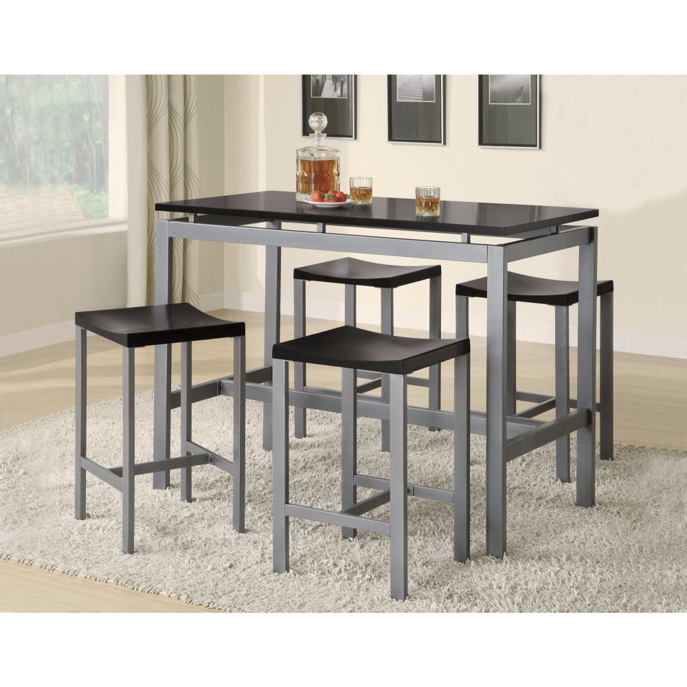 Counter Height Contemporary Metal Table with 4 Stools, Silver And Black ...