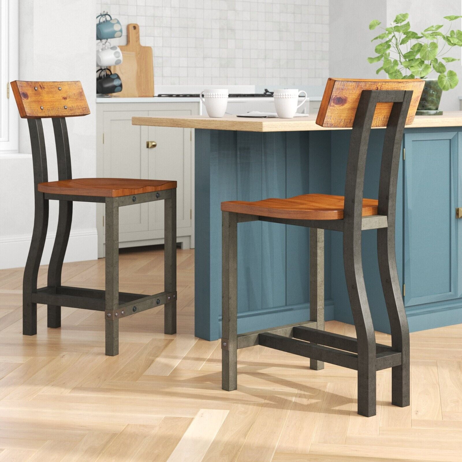 Counter Height Dining Chairs Set of 2pc Rustic Brown &Gunmetal Finish ...