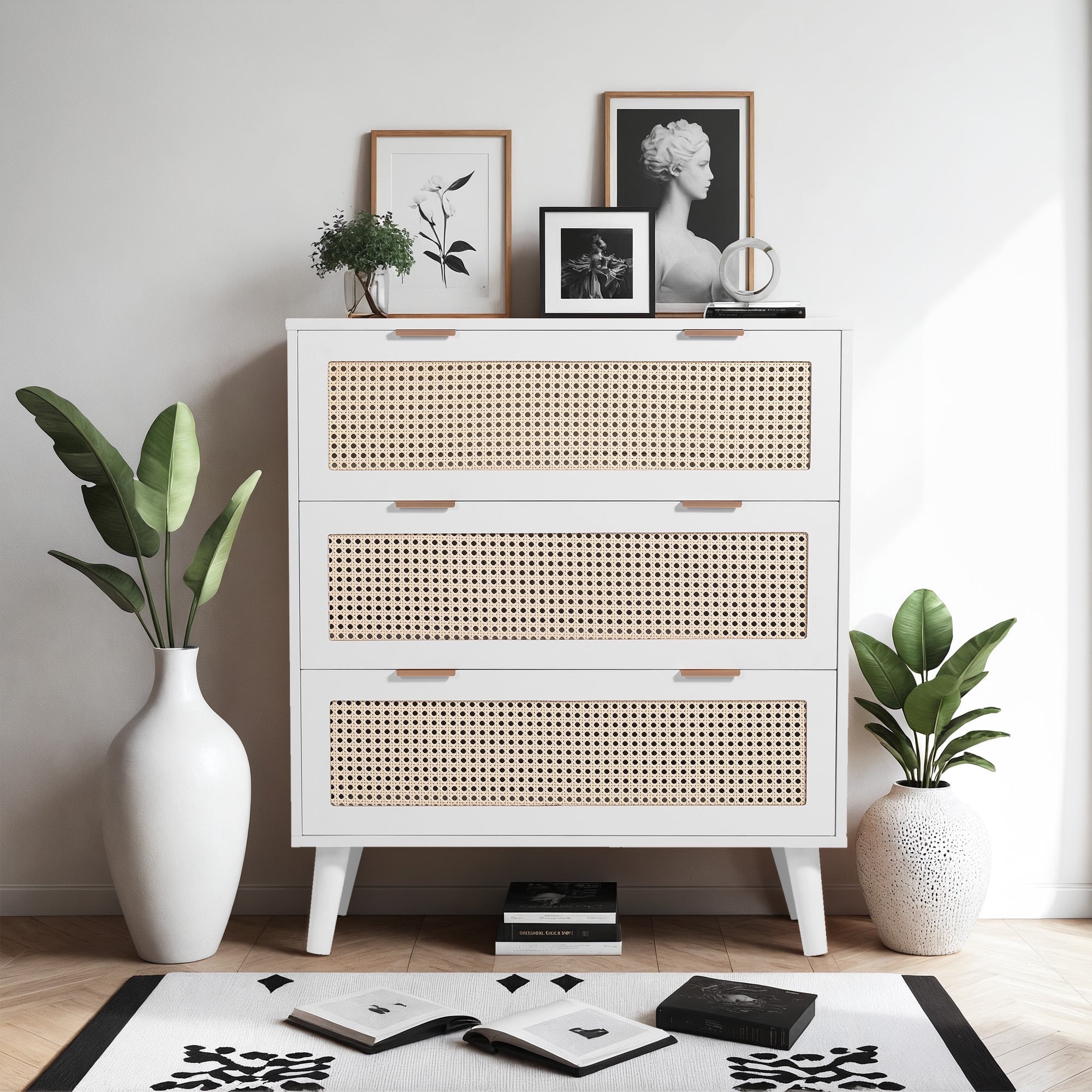 3 Drawer Rattan Dressing Table Nightstand Table Dressing Drawer Chest with Metal Handles Farmhouse Rattan Dressing Storage Table for Closet Storage