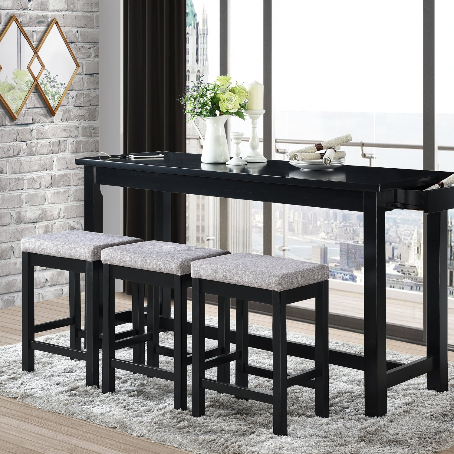 Counter Height Dining Set Black Finish Table w Drawer USB Ports Power ...