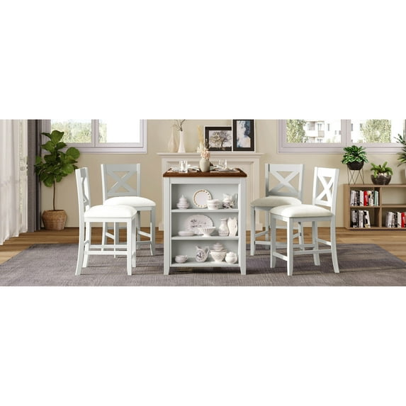 Counter Height Dining Table Set / 1 Table + 4 Chairs, Linen Upholstered ...