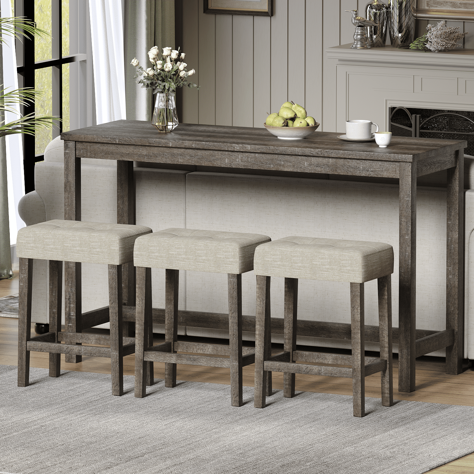 30" x 48" Wood Counter Table and 4 Madrid Stools in Washed Gray Taupe ...
