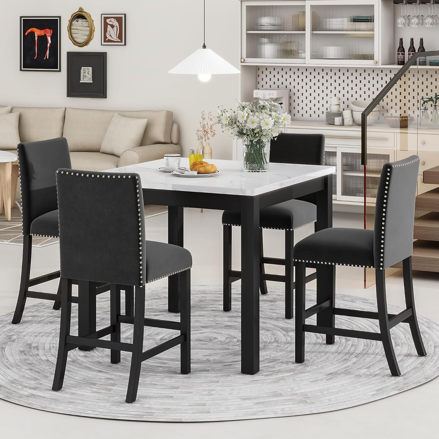Counter Height Dining Table Set for 4, Faux Marble Top Square Dining ...