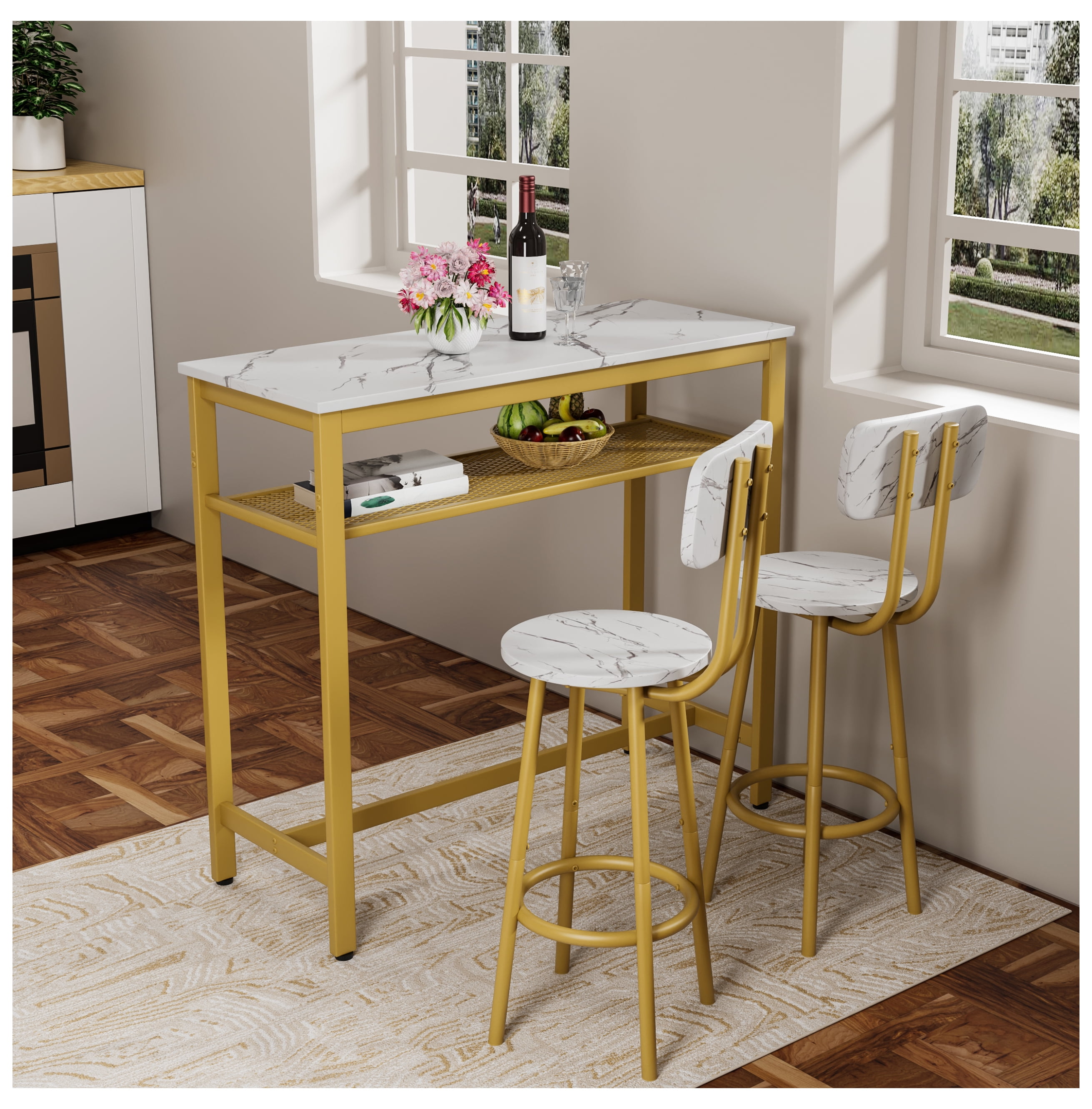 Counter Height Dining Table Set with 2 Stools - Kitchen Breakfast Bar ...