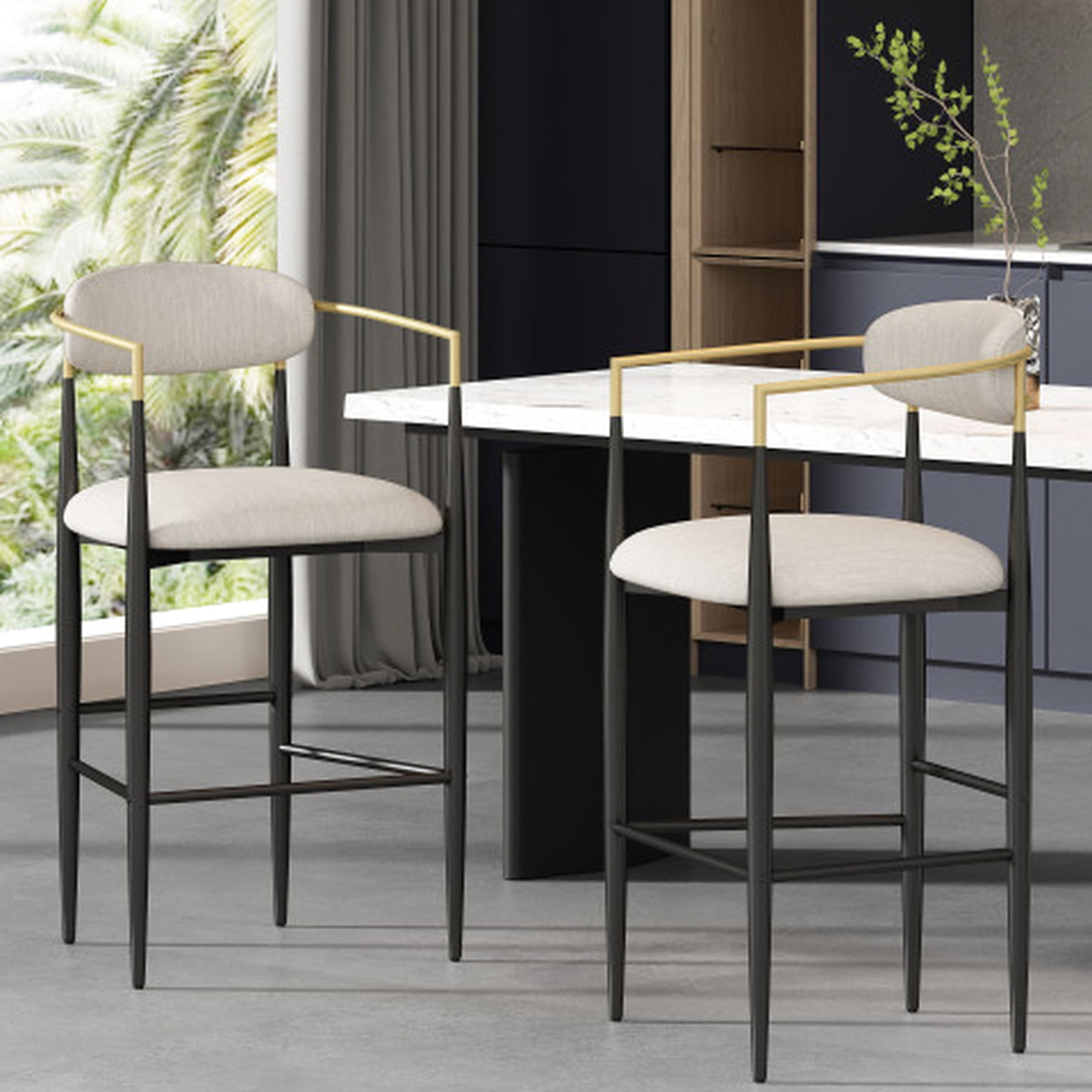 Counter Height Stool Set / 2 Pieces, Black Frame, Beige Seating, Summer ...