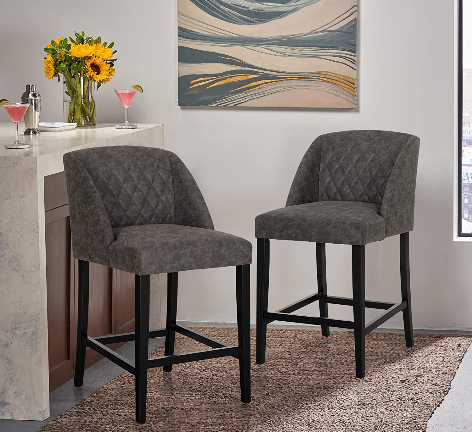 Counter Height Stools with Back Modern Faux Leather Upholstered ...