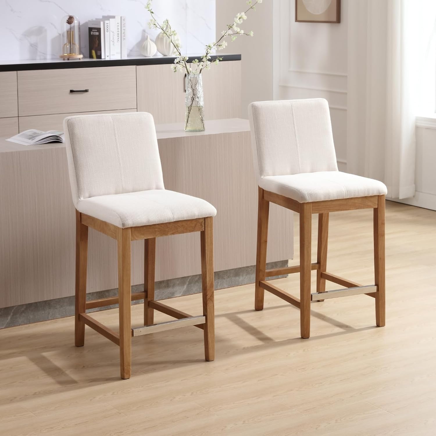 Counter Height Stools Set of 4 Beige Linen Upholstered Kitchen Island ...