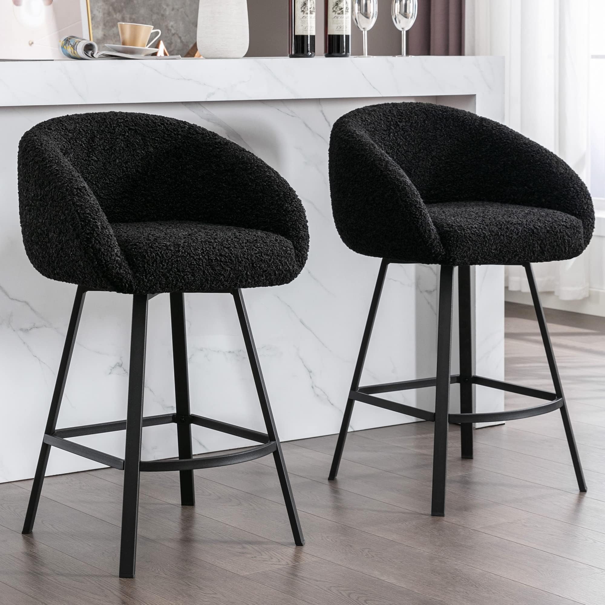 Counter Height Swivel Stools Pair, Modern Sherpa Upholstered Bar Chairs ...