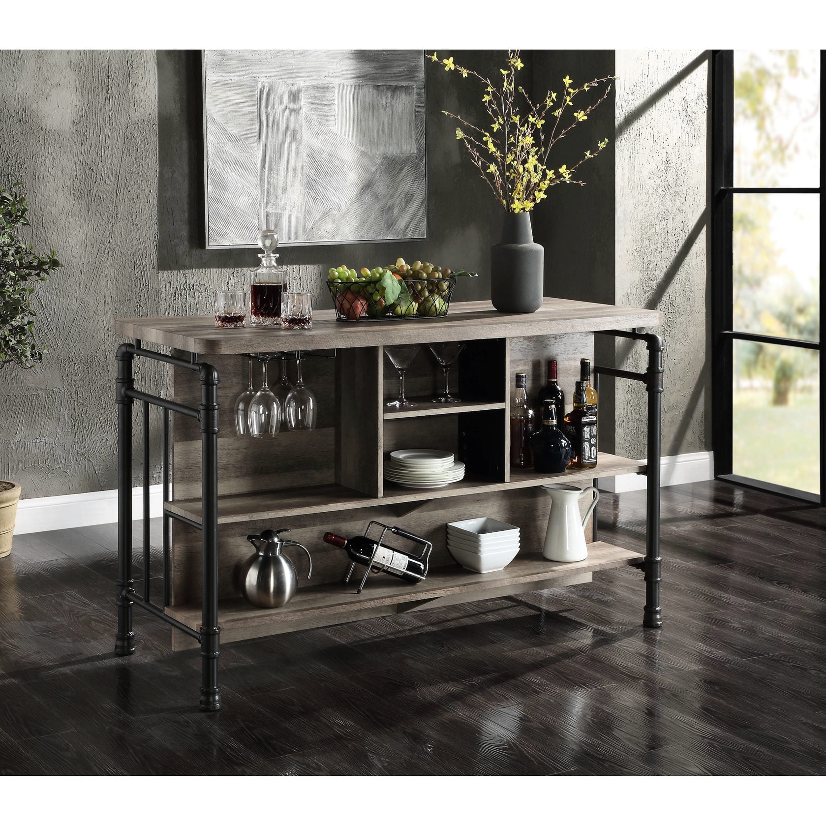 Counter Height Table, 35mm Thick, Gray & Oak, Composite Wood & MDF ...