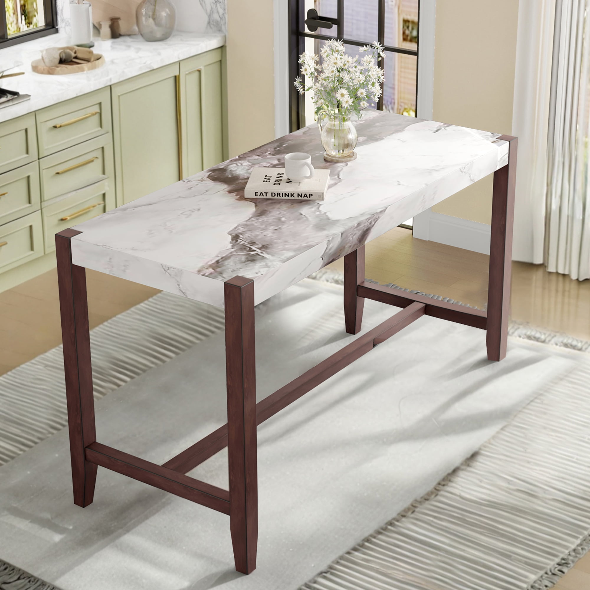 Counter Height Table, 47.5 Inch Faux Marble Finish Bar Dining Table ...