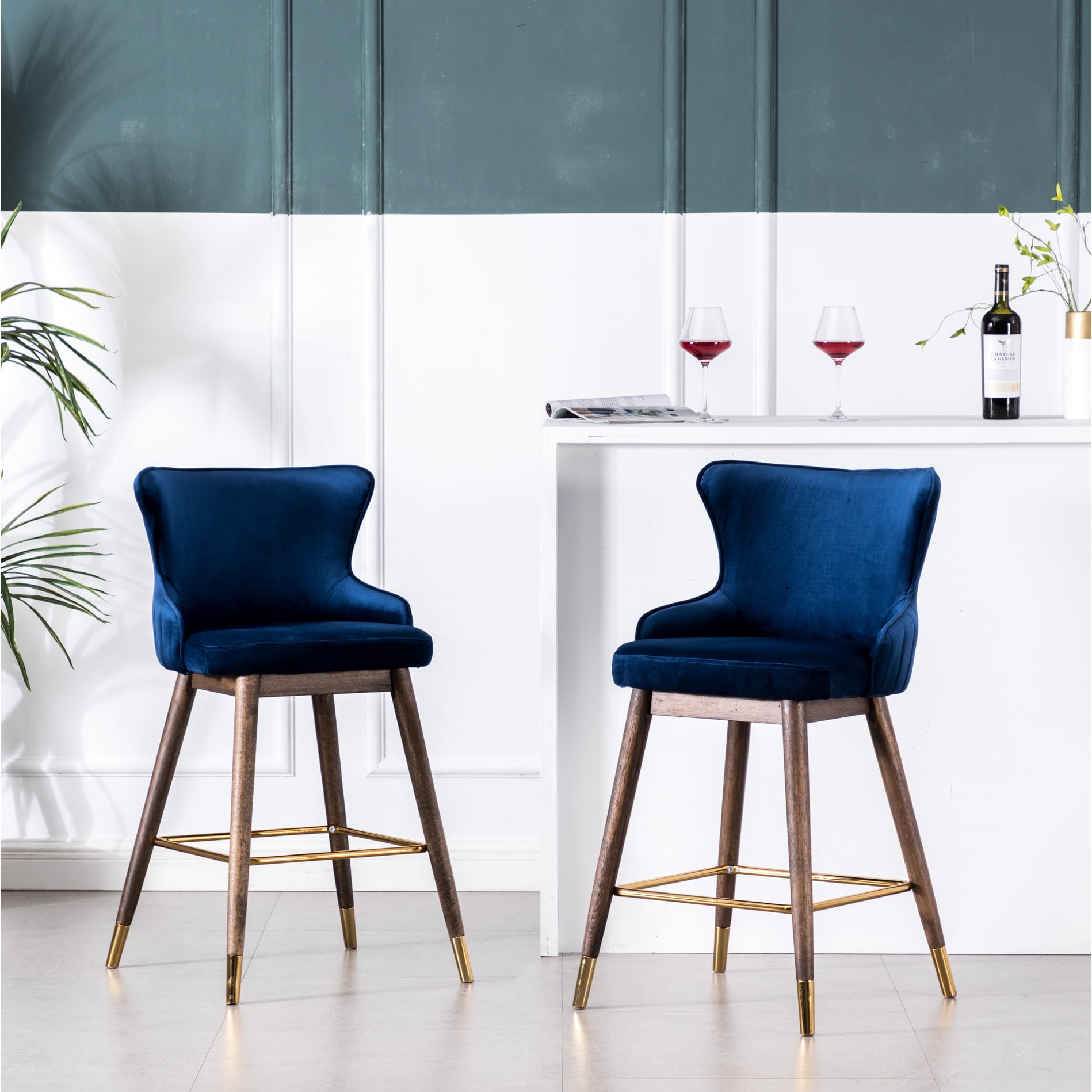 Counter Height Wingback Stools Of 2 In Blue Fabric, Rich Foam Padding ...