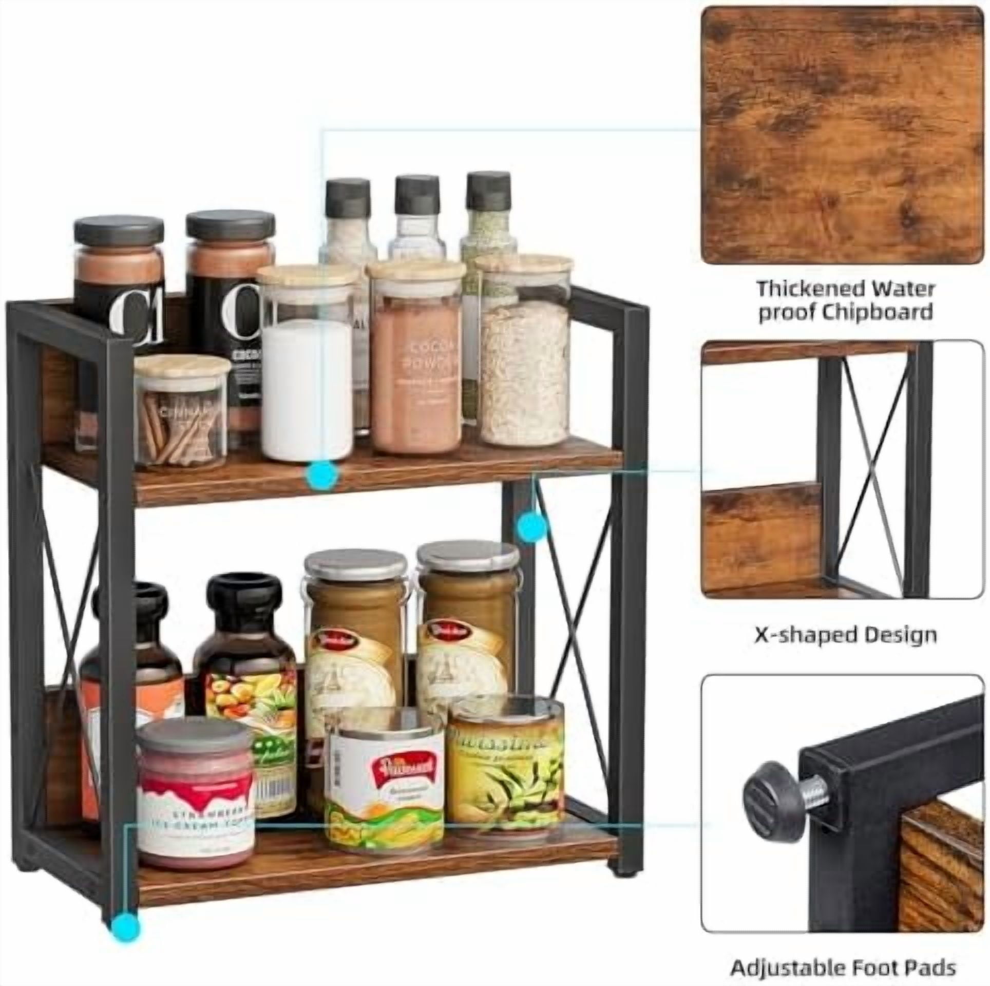 Counter Shelf Organizer, 2 Tier Kitchen Spice Rack for Countertop, Wood ...