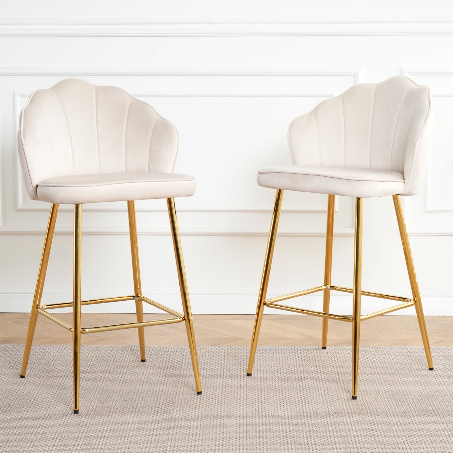 Counter Stool Set of 2, Shell Shape Velvet Bar Stools with Gold Metal ...