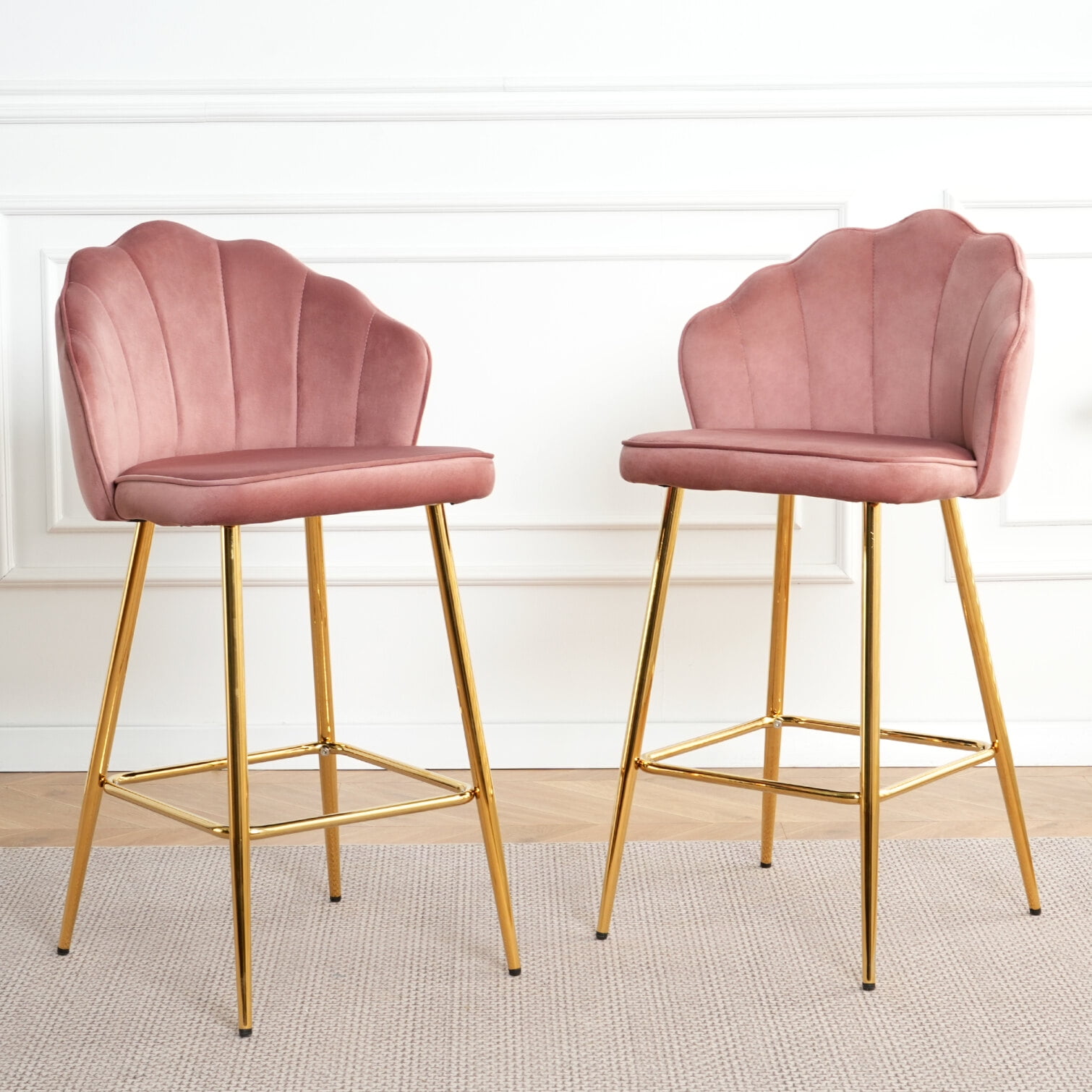 Counter Stool Set of 2, Shell Shape Velvet Bar Stools with Gold Metal ...