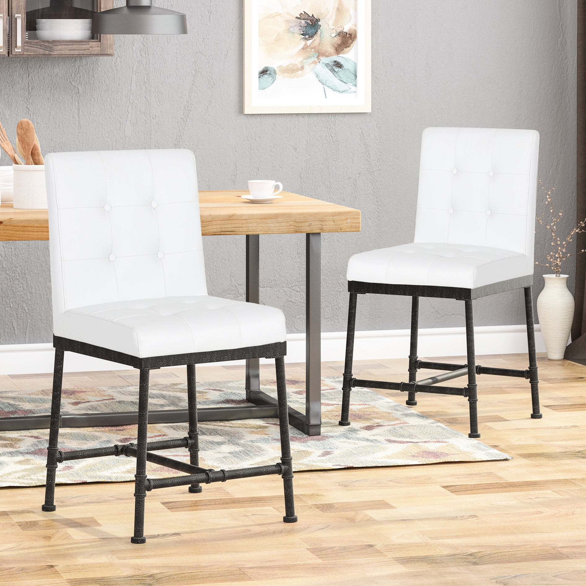 Counter Stool Set in White Wood - Industrial Style - 38.8'' Height ...