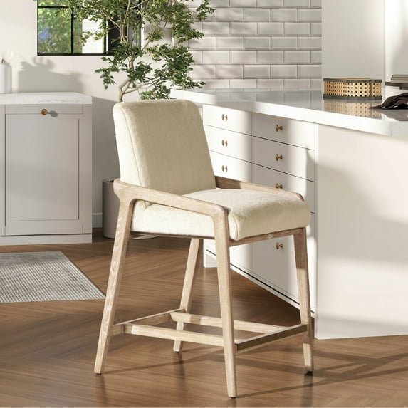 Counter Stool - Solid Ash Wood De La White Faux Fur Rope Ornament Chair ...