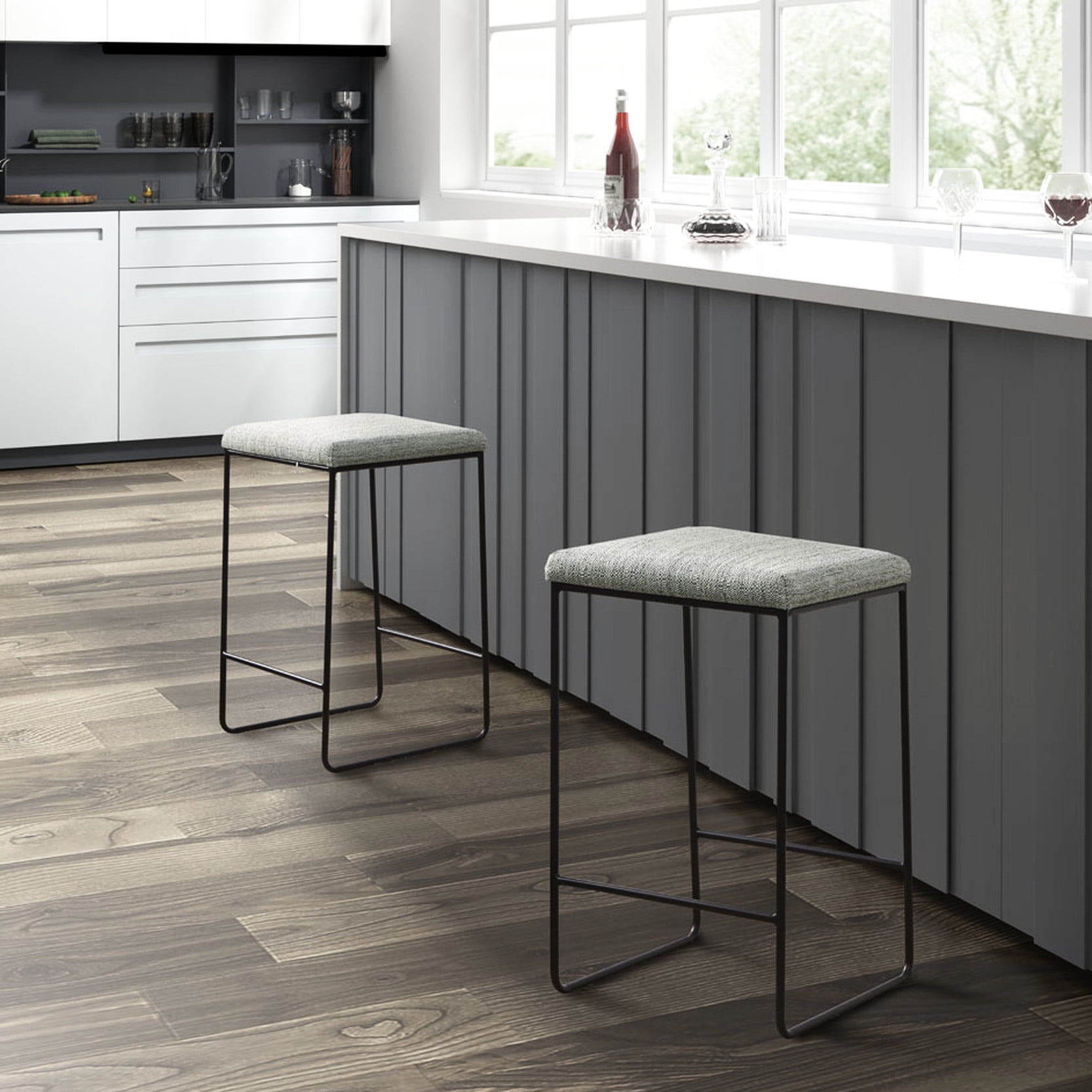 Counter Stool with 2.25"T Cushion, Grey Faux Linen | Black Metal Frame ...