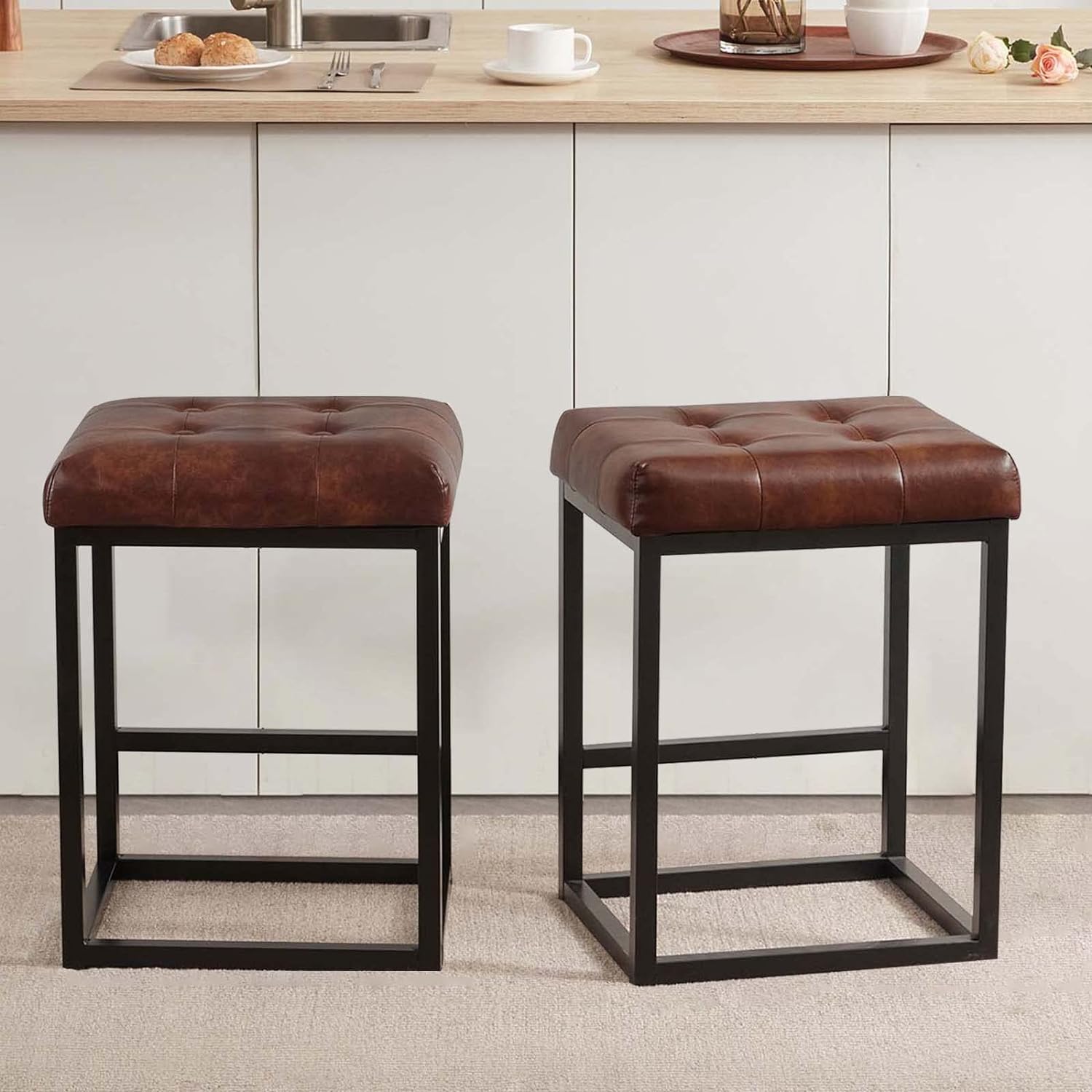 Counter Stools Set of 2, Button-Tufted Dining Bar Stools PU Leather ...