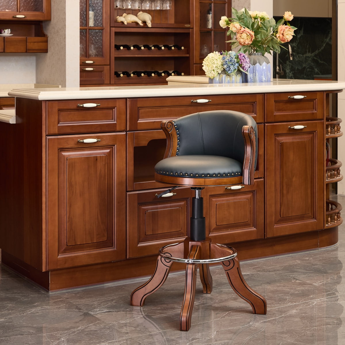 Counter height Cow top Leather Wooden Bar Stools, 360 Degree Swivel ...