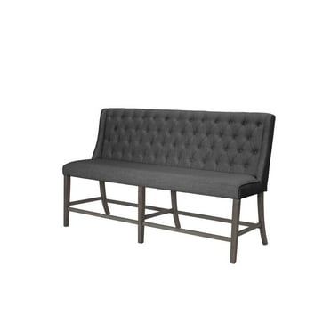 Rustic Gray Wood Dining Bench with Tufted Seats and Beige Linen ...