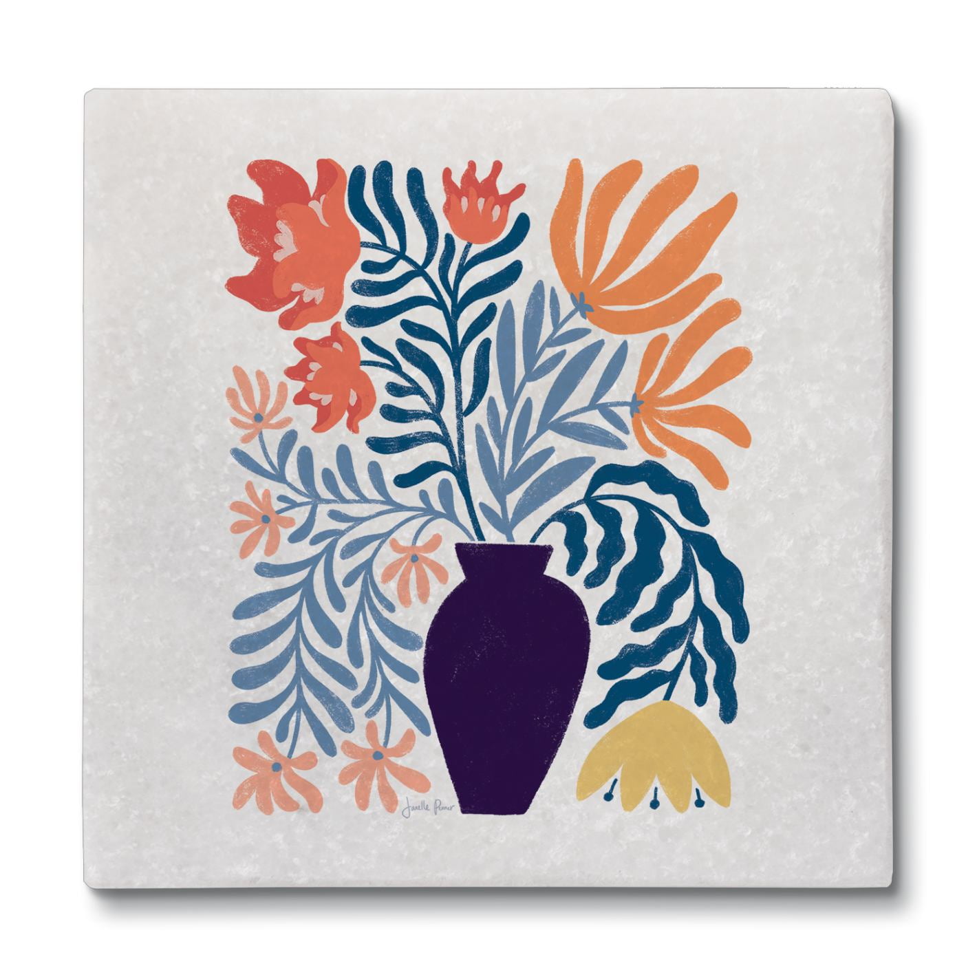 CounterArt "Mid Mod Floral" 4 Pack Natural Marble Corked Back Coasters ...
