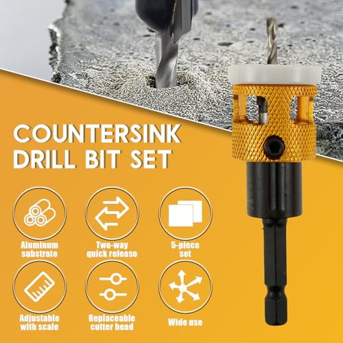 Countersink Drill Bit Set with Adjustable Depth Stop, Carbide Tipped ...
