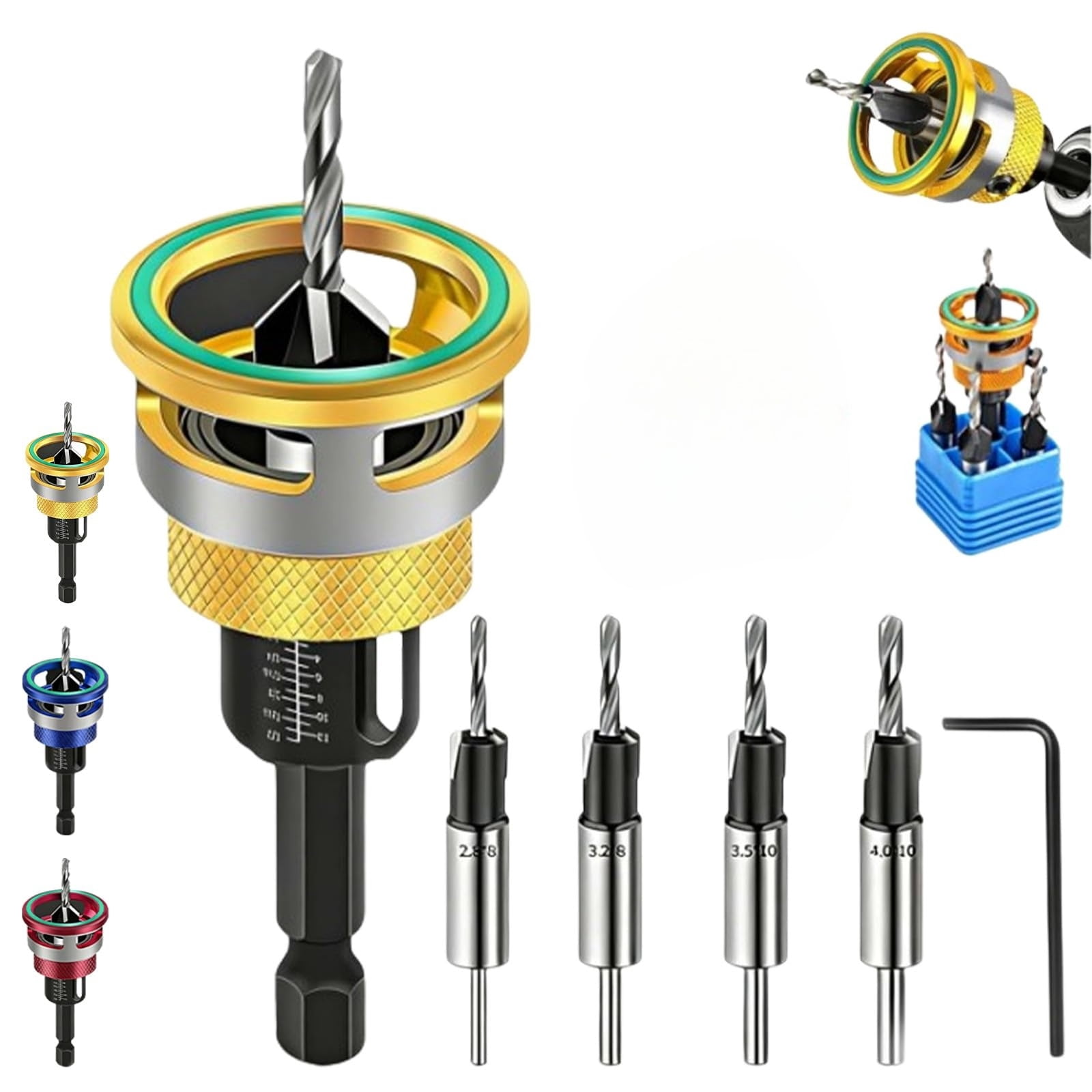 Countersink Drill Bit Set with Depth Stop,4PCS Four-Flute Tapered Drill ...