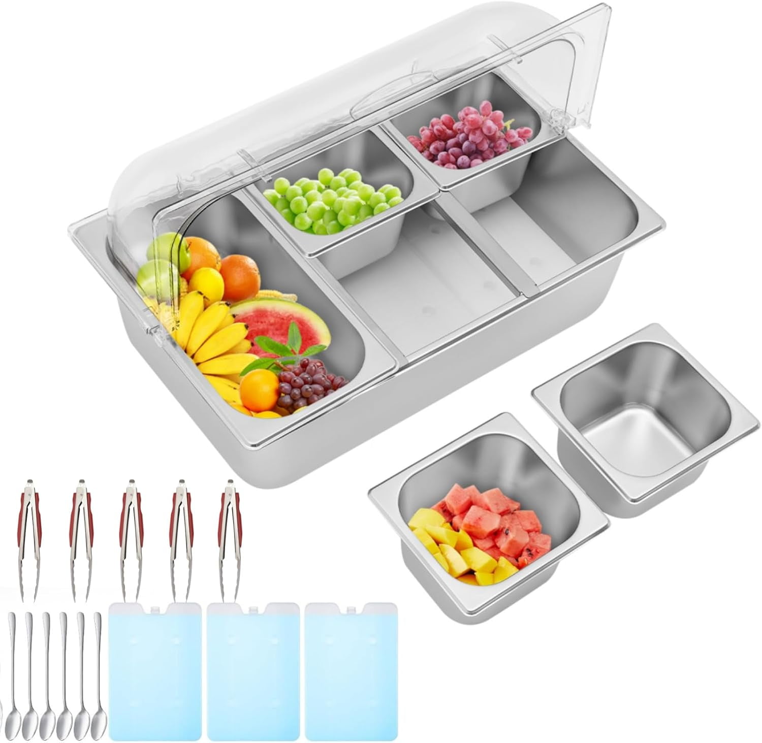 Countertop Ice Food Serving Display Container, 5 Compartments Condiment ...