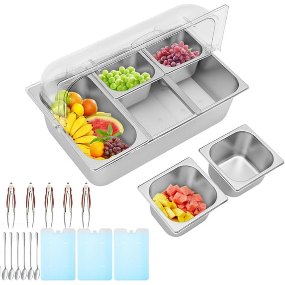 Countertop Ice Food Serving Display Container, 5 Compartments Condiment ...